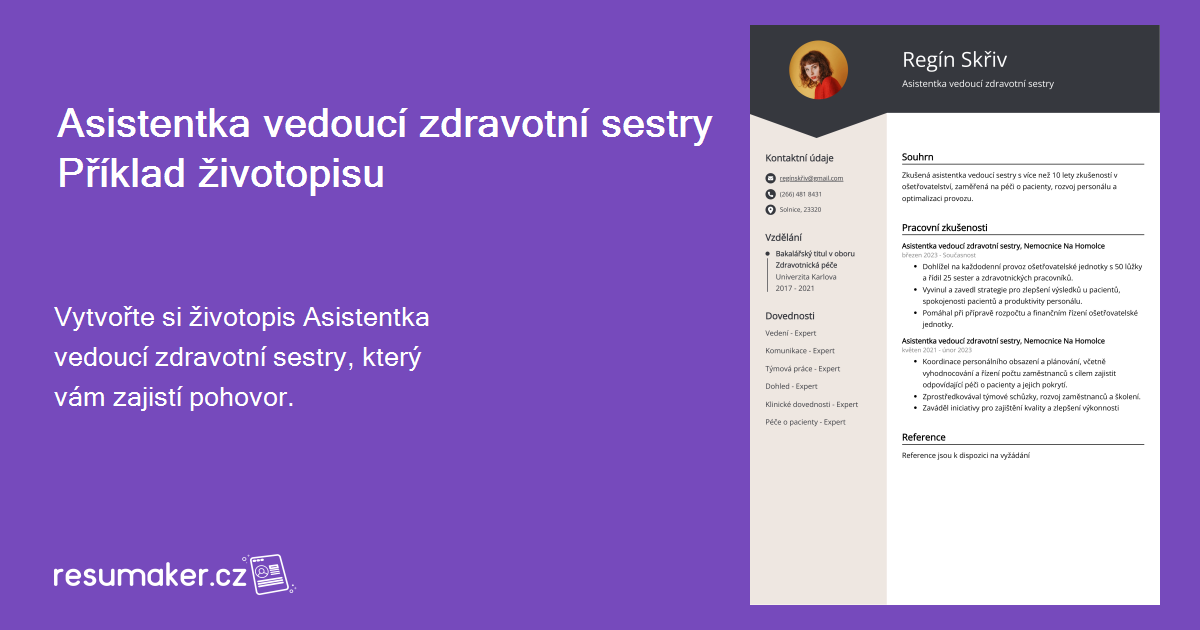 Asistentka vedoucí zdravotní sestry Příklad životopisu pro rok 2025